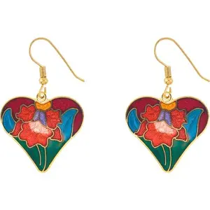 SUSAN CAPLAN 1980s Vintage Cloisonné Heart Earrings - Red Multi