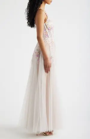 JUMP APPAREL 3d Embroidered Floral Tulle Gown