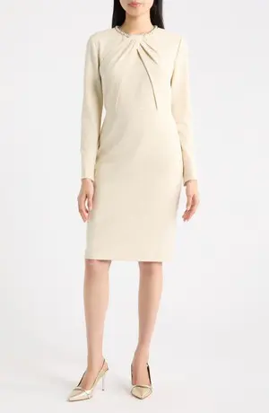 Anne Klein Embellished Twist Neck Long Sleeve Dress - Ivory Shell