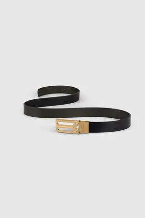 Victoria Beckham Dorian Guilloché Reversible Belt 25mm & Dark Olive Shiny Leather - Black