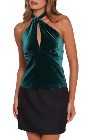 PETAL & PUP Raquel Velvet Keyhole Halter Top - Emerald