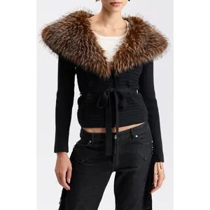 Avec Les Filles Faux Fur Collar Ribbed Cardigan - Black