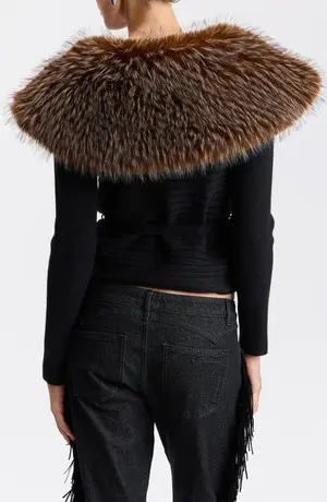 Avec Les Filles Faux Fur Collar Ribbed Cardigan - Black