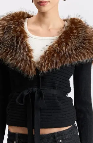 Avec Les Filles Faux Fur Collar Ribbed Cardigan - Black
