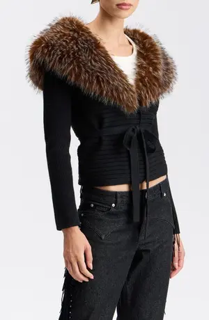 Avec Les Filles Faux Fur Collar Ribbed Cardigan - Black