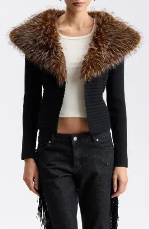 Avec Les Filles Faux Fur Collar Ribbed Cardigan - Black