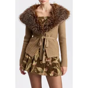 Avec Les Filles Faux Fur Collar Ribbed Cardigan - Camel