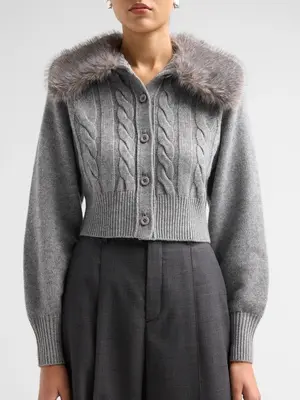 TOCCIN Rita Faux-fur-collar Cable-knit Cardigan