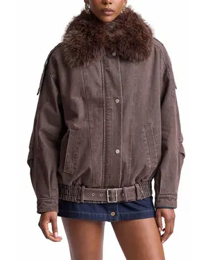 Avec Les Filles Faux Fur Collar Cotton Blend Bomber Jacket