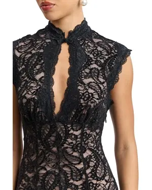 Avec Les Filles Lace Mandarin Collar Keyhole Maxi Dress