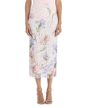 Oscar De La Renta Iris Print Lace Pencil Skirt - White Multi
