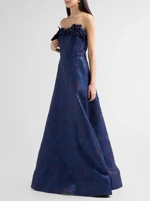 Rene Ruiz Collection Floral Appliqué Jacquard Strapless Gown