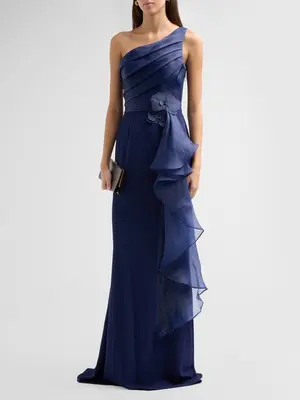 Rene Ruiz Collection Draped Organza One-shoulder Gown