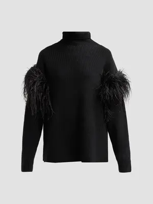 Lapointe Wool Feather-trimmed Turtleneck Sweater - Black