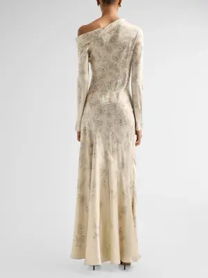 Alberta Ferretti Lace Printed Satin One-shoulder Gown