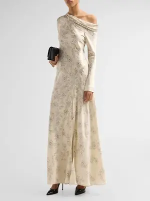 Alberta Ferretti Lace Printed Satin One-shoulder Gown