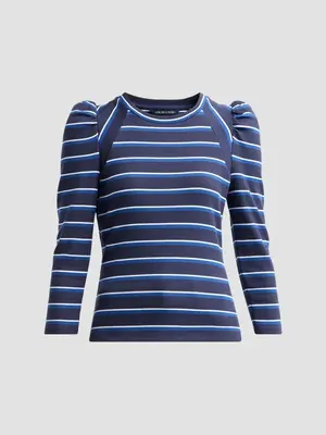 Veronica Beard Delano Striped Puff-sleeve Stretch-cotton Top - Navy Multi