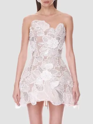 BRONX BANCO Valencia Maraya Embellished Floral Strapless Mini Dress - Silver