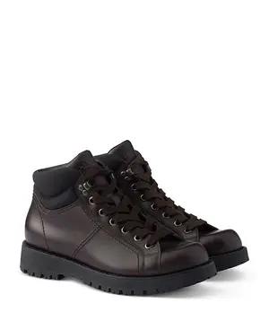Prada Lace-up Leather And Re-nylon Booties - Brown