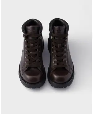 Prada Lace-up Leather And Re-nylon Booties - Brown