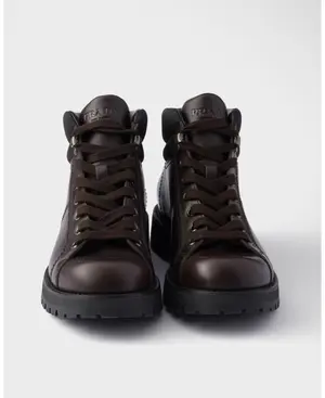Prada Lace-up Leather And Re-nylon Booties - Brown