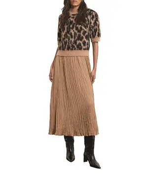 Mint Velvet Short Sleeve Fuzzy Texture Layered Midi Dress - Brown
