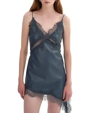 LAMARQUE Asymmetric Lace Trim Faux Leather Mini Dress - Graphite