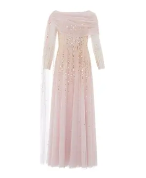 NEEDLE & THREAD Moonlight Sequin Draped Long Sleeve Gown