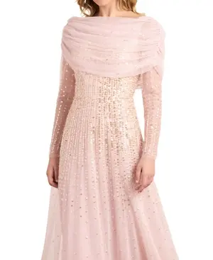 NEEDLE & THREAD Moonlight Sequin Draped Long Sleeve Gown