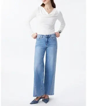 BAYEAS Mid Rise Wide Leg Denim Jeans With Rhinestone Stretch Comfortable