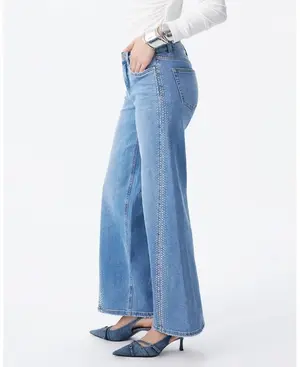 BAYEAS Mid Rise Wide Leg Denim Jeans With Rhinestone Stretch Comfortable