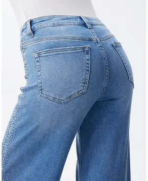 BAYEAS Mid Rise Wide Leg Denim Jeans With Rhinestone Stretch Comfortable