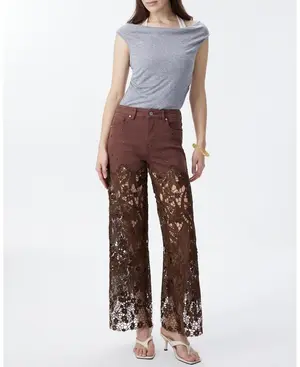 BAYEAS Embroidery High Rise Wide Leg Lace Jeans With Rhinestone
