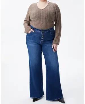BAYEAS Plus High Rise Wide Leg With Frayed Hem Denim Jeans