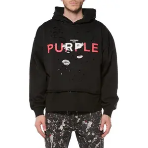 PURPLE BRAND Double Layer Oversize Graphic Cotton Fleece Hoodie - Black