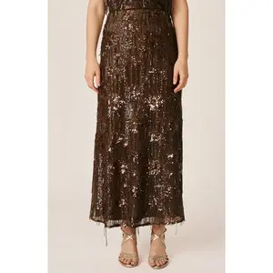 ALMA EN PENA Long Skirt With Sequins - Coffee