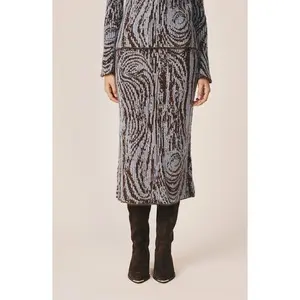 ALMA EN PENA Abstract Print Ribbed Midi Skirt - Coffee