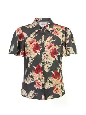 Cinq À Sept Fiona Floral-print Flutter-sleeve Shirt - Black