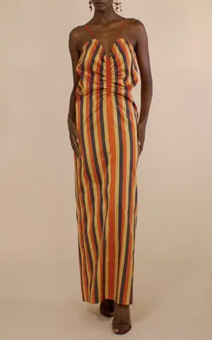 Christopher John Rogers Striped Ruched Front Cami Silk Maxi Dress - Multi