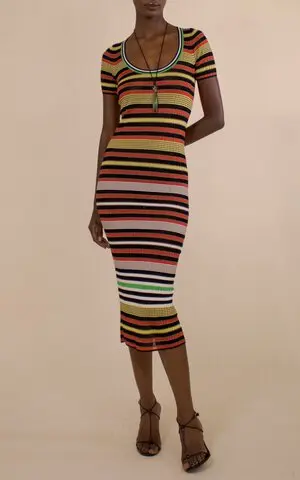 Christopher John Rogers Sheer Ribbed Striped Scoop Neck Midi Dress - Multi
