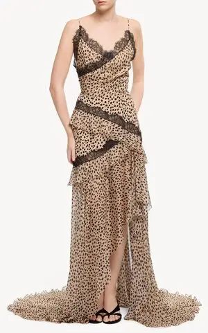 Elie Saab Printed Chiffon & Lace Midi Dress - Brown
