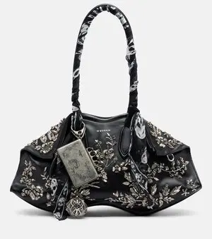 Alexander McQueen Manta Medium Embellished Leather Shoulder Bag - Black