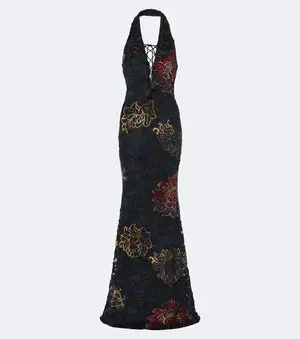 Etro Floral Jacquard Jersey Halterneck Gown