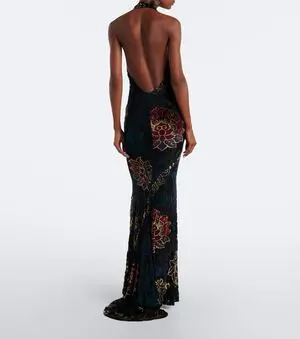 Etro Floral Jacquard Jersey Halterneck Gown
