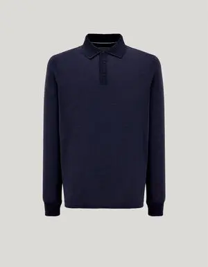 Canali Navy Silk And Cotton Jersey Long-sleeved Polo Shirt - Blue