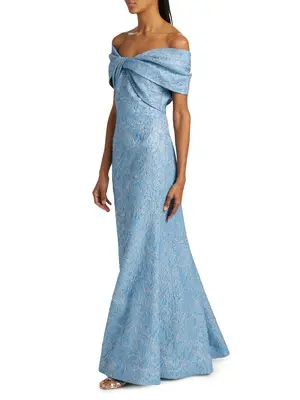 Rickie Freeman For Teri Jon Metallic Jacquard Twist Off-the-shoulder Gown