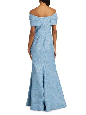 Rickie Freeman For Teri Jon Metallic Jacquard Twist Off-the-shoulder Gown
