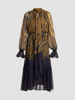 Etro Paisley Silk Tieneck Midi Dress