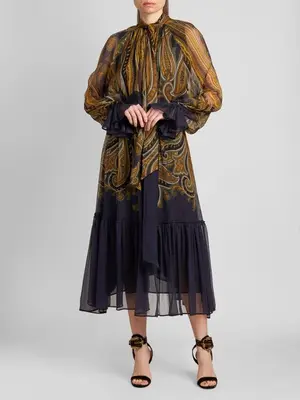 Etro Paisley Silk Tieneck Midi Dress