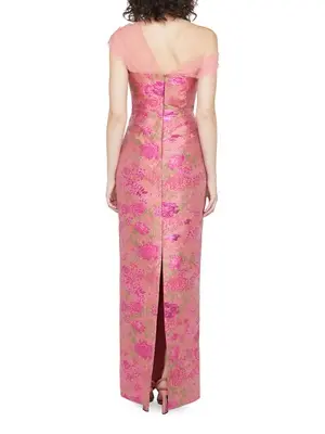 Theia Beverly Draped Floral Column Gown